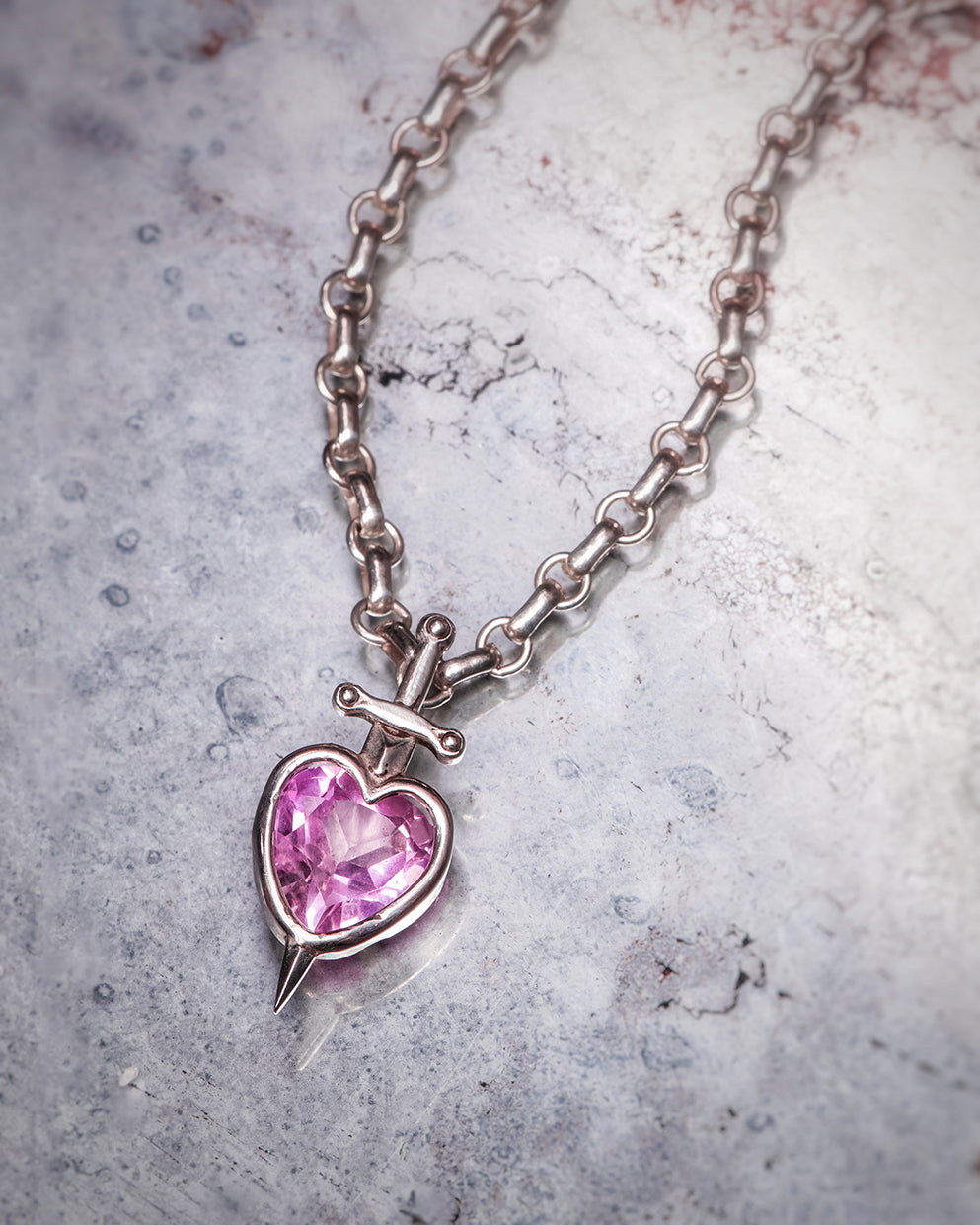 Pink Sapphire Sword-Pierced Heart Necklace | Alex Streeter